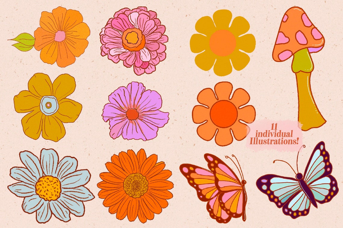 70s Flowers Illustration Pack | 70s Flower Clip Art | 70s Flower Pngs ...