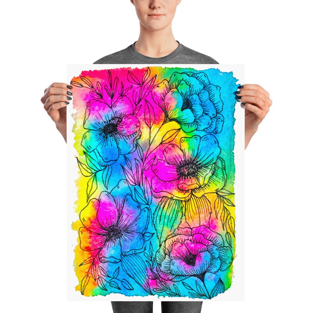Flower Power Poster! | Rainbow Watercolor With Line Drawn Florals ...