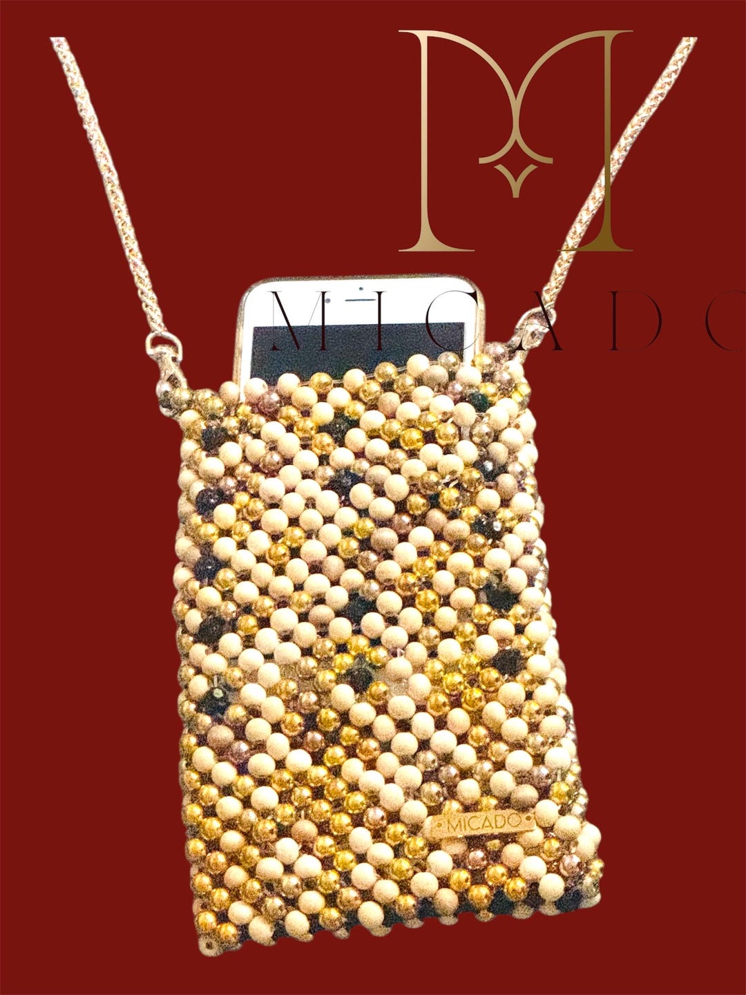 Handmade Beaded Phone Clutch – Wood & Gold Acrylic Purse, Fits All ...