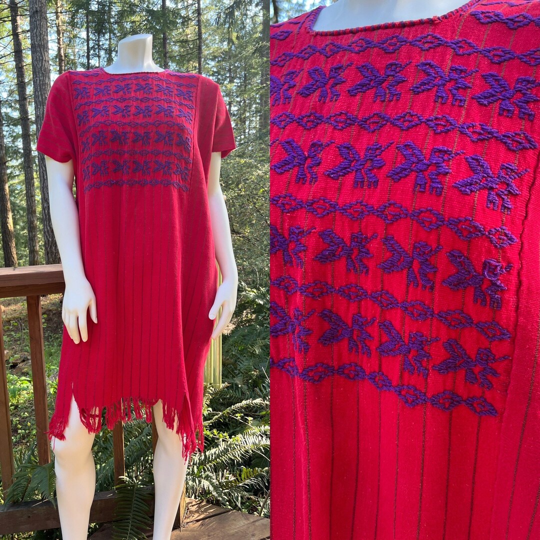 Vintage Woven Guatemalan Huipil Tunic // Red Embroidered Woven Dress ...