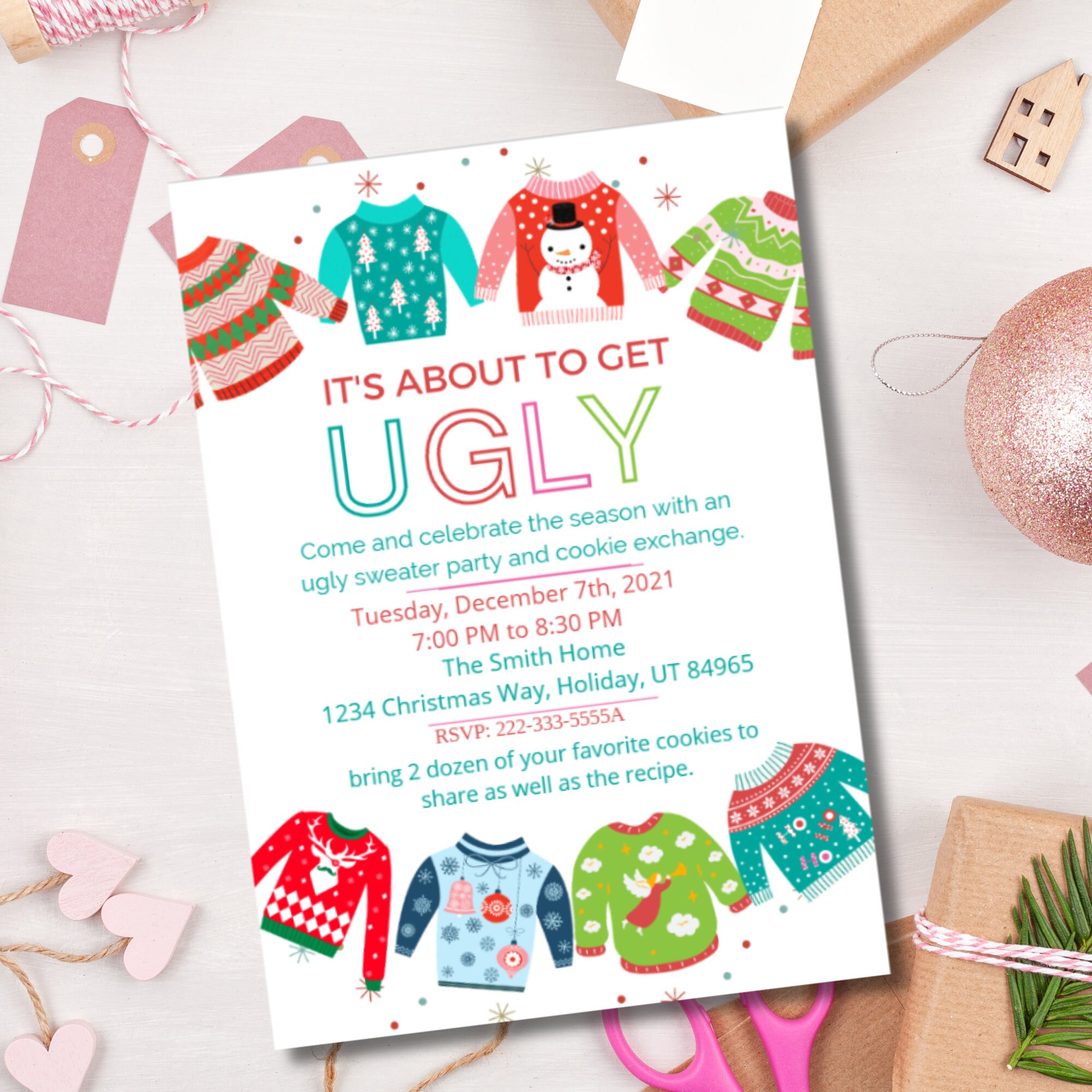 Editable Ugly Sweater Party Invitation, Christmas Party Invitation ...