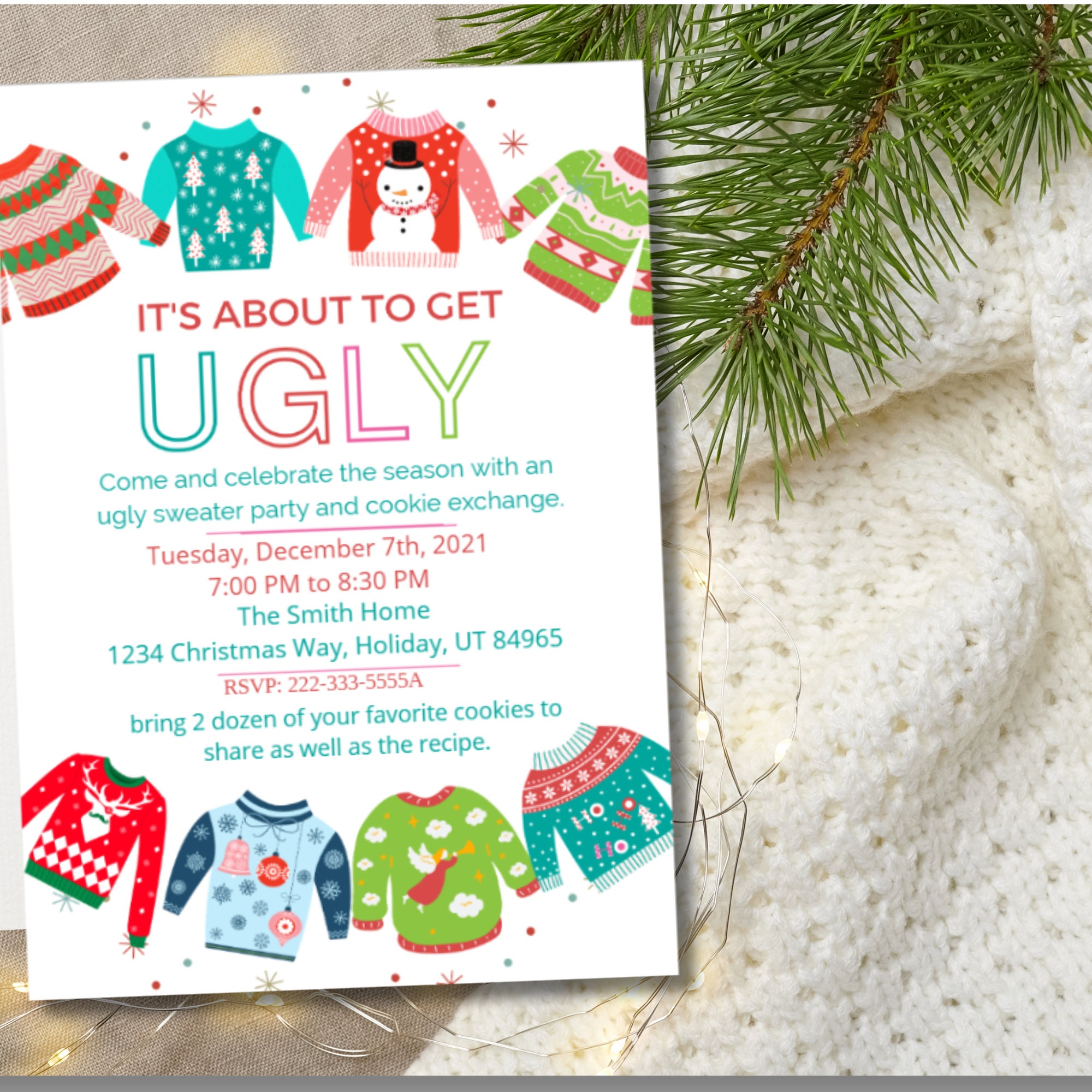 Editable Ugly Sweater Party Invitation, Christmas Party Invitation ...