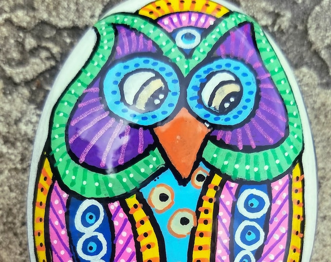 Owl Painted Rock, Whimsical Owl Stone, Colorful Bird Painting, Sealed ...