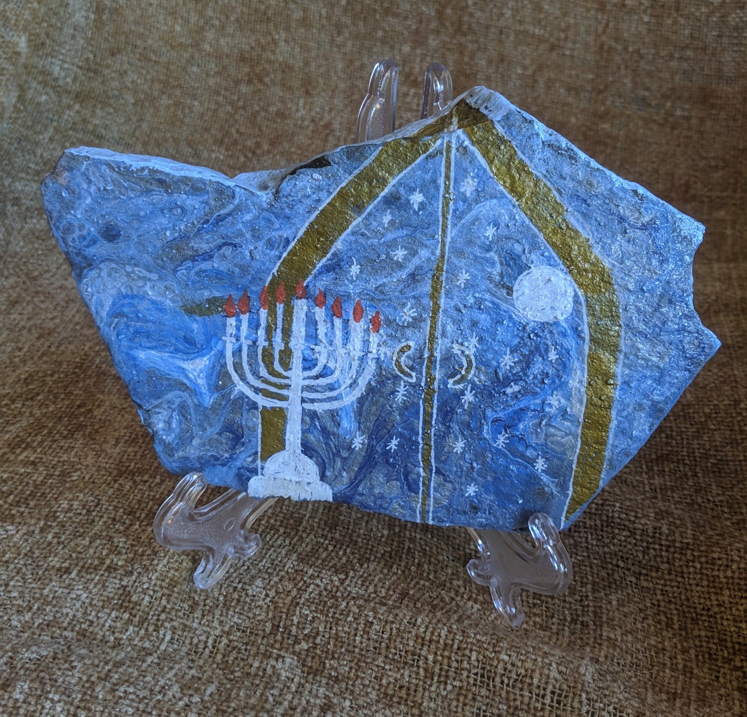 Chanukah Menorah Painted Rock, Hanukkah Decor, Menorah at Night Painted ...