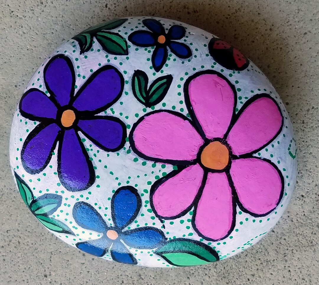 Flower Painted Rock | Decorative Garden Accent |colorful Flower ...