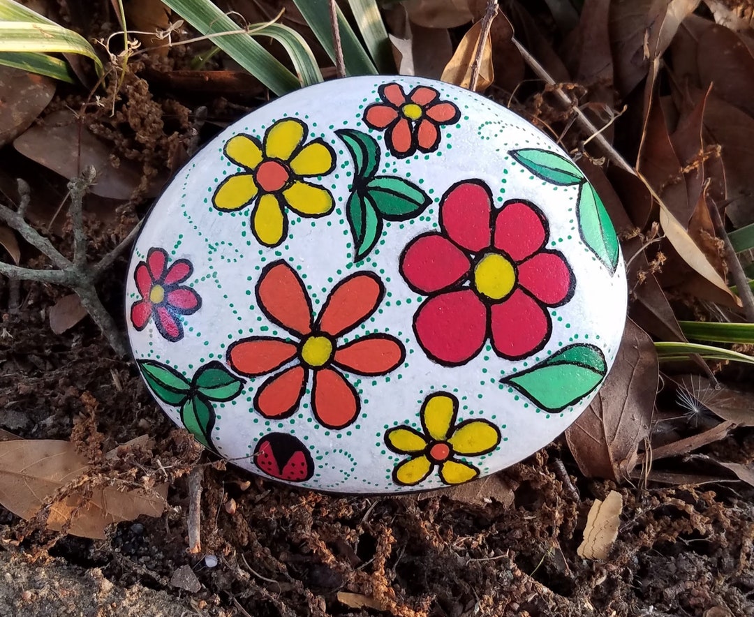 Flower Painted Rock, Decorative Garden Accent, Colorful Flower ...