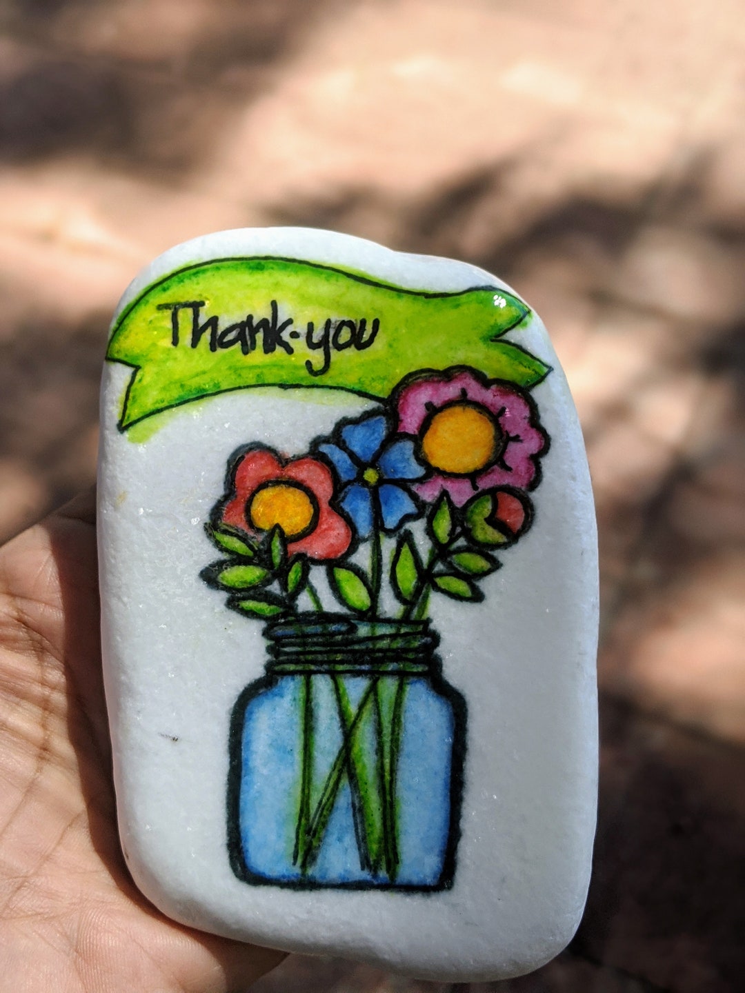 Thank-you Painted Rock, Painted Santorini Stone,hand-painted Floral ...