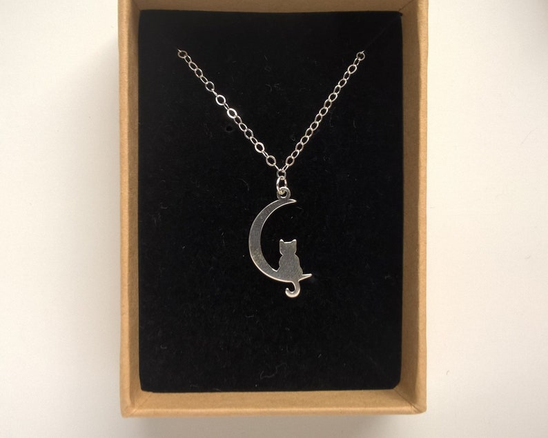 Cat and Moon Necklace Sterling Silver Necklace Half Moon - Etsy UK