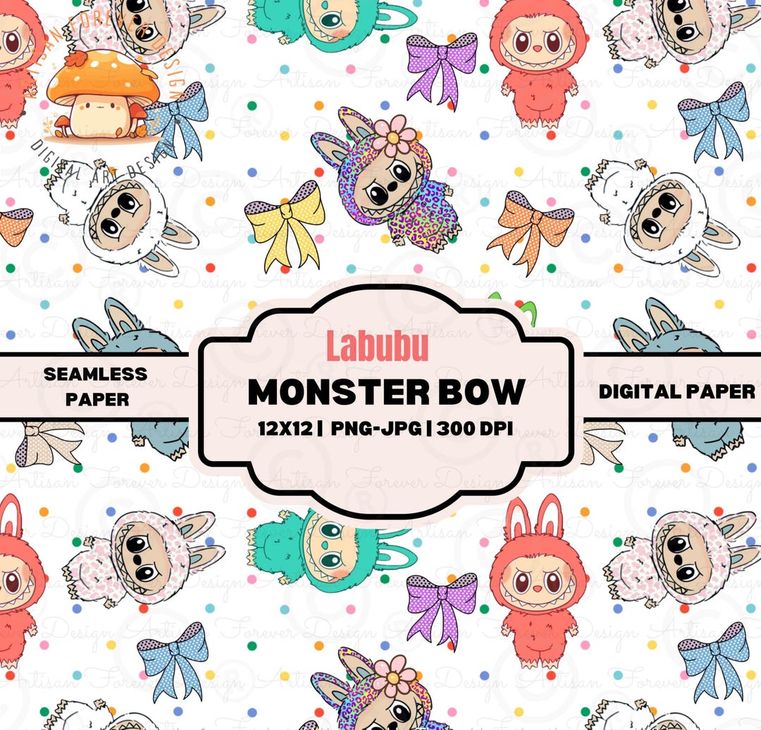 Labubu Monster Bow Seamless Pattern: Kawaii Doll Fabric Design (digital ...