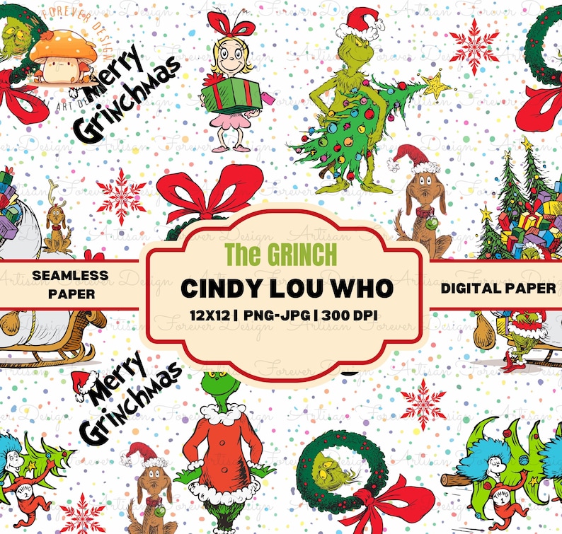 Grinch Cindy Lou Who Christmas Digital Paper: Festive Designs (12x12 ...