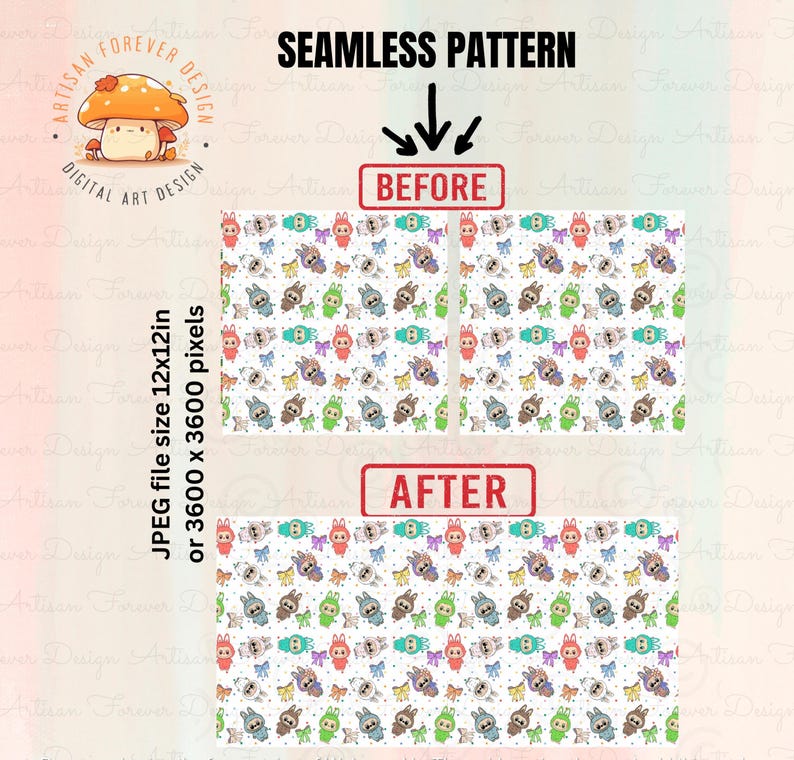 Labubu Monster Bow Seamless Pattern: Kawaii Doll Fabric Design (digital ...