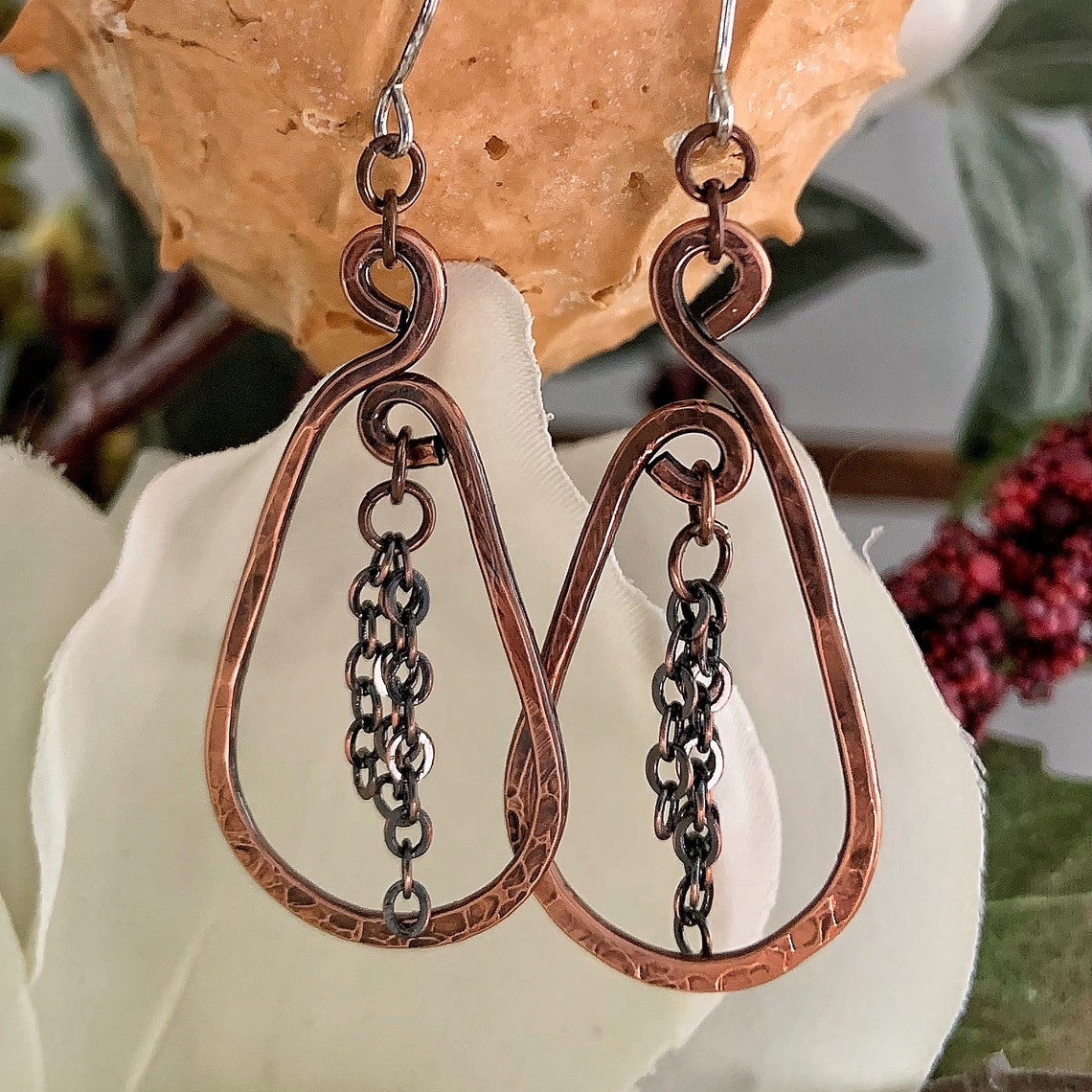 Copper Dangle Earrings, Hammered Copper Hoop Earrings, Boho Copper ...