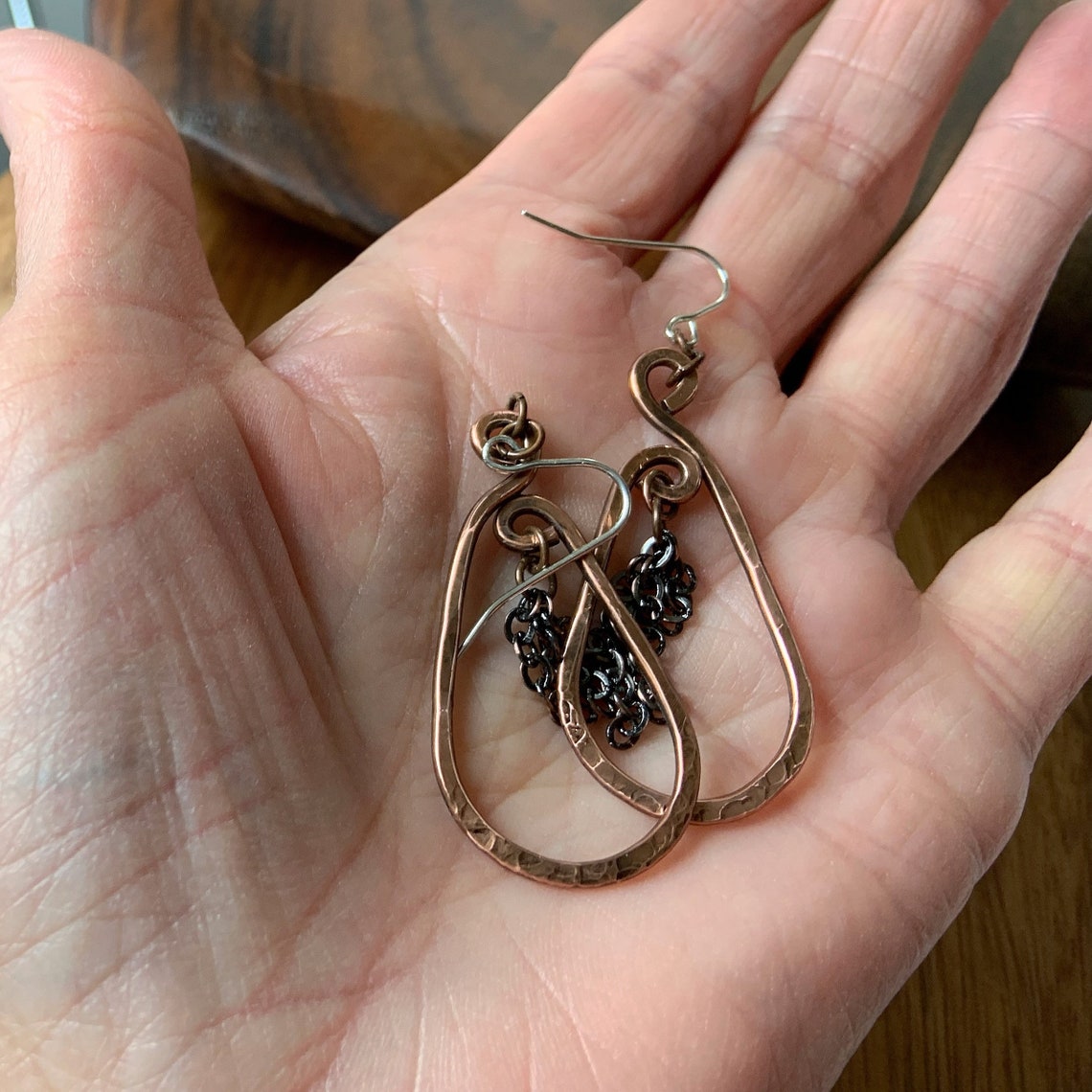 Copper Dangle Earrings, Hammered Copper Hoop Earrings, Boho Copper ...