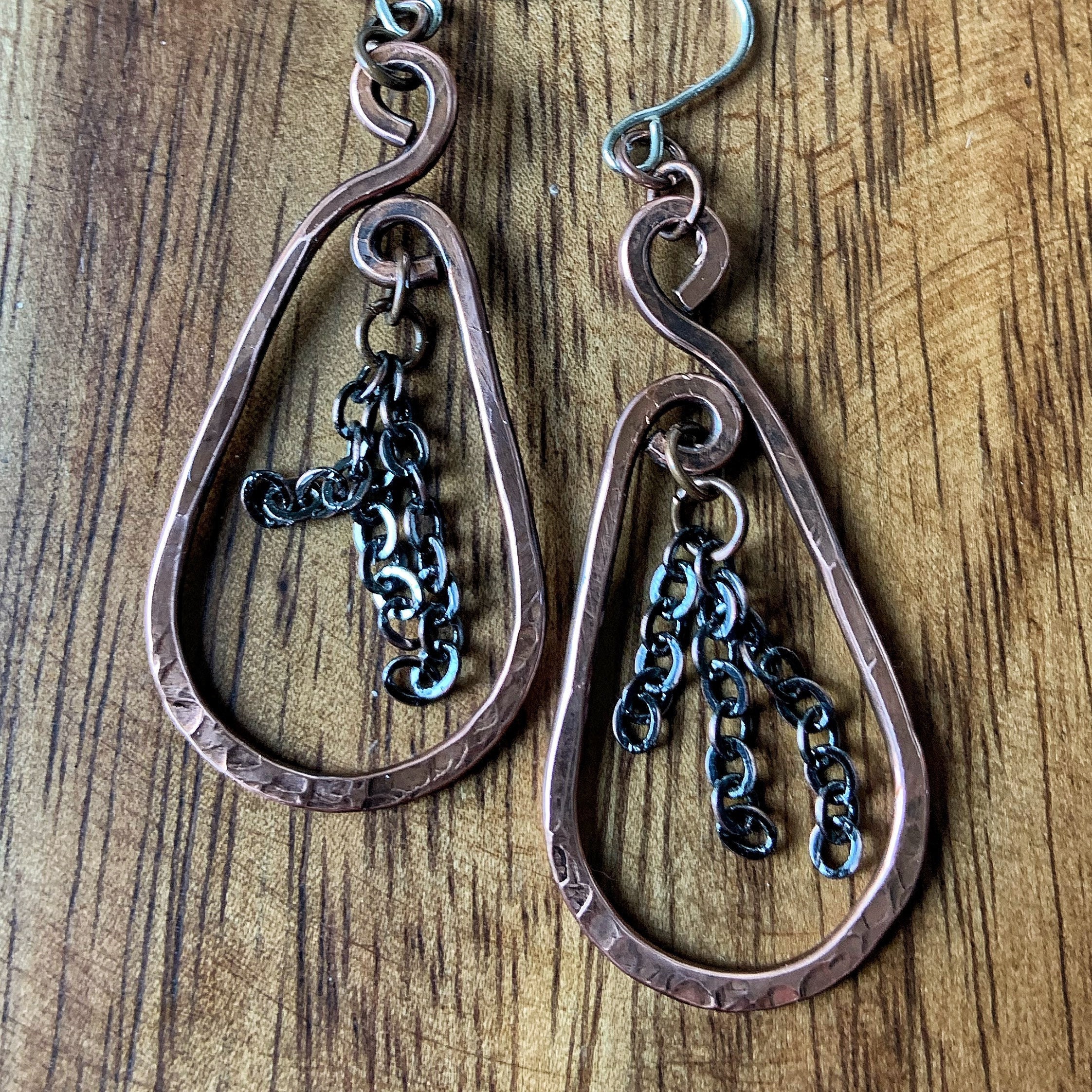 Copper Dangle Earrings, Hammered Copper Hoop Earrings, Boho Copper ...