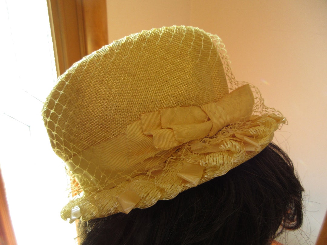 Vintage Yellow Summer Hat With Veil and Raffia Brim and Bow Derby Hat ...