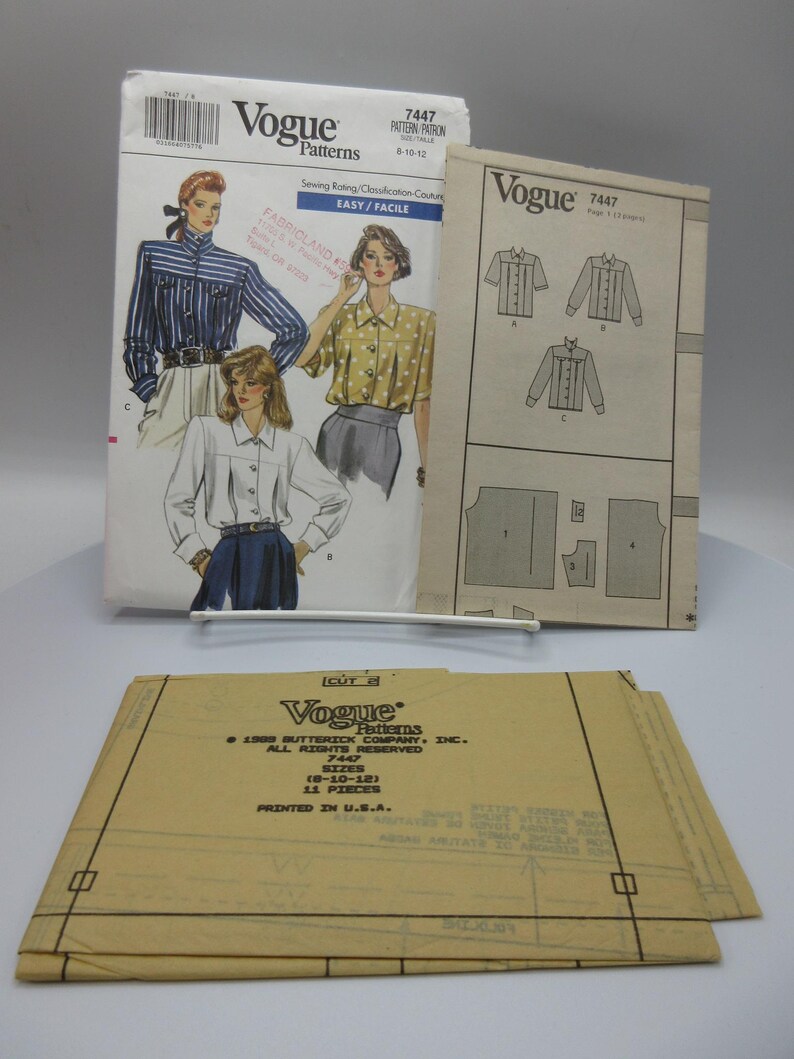 Vogue Easy Blouse Pattern 8 10 12 Bust 31.5" to 34" Loose Fit 3 Styles ...