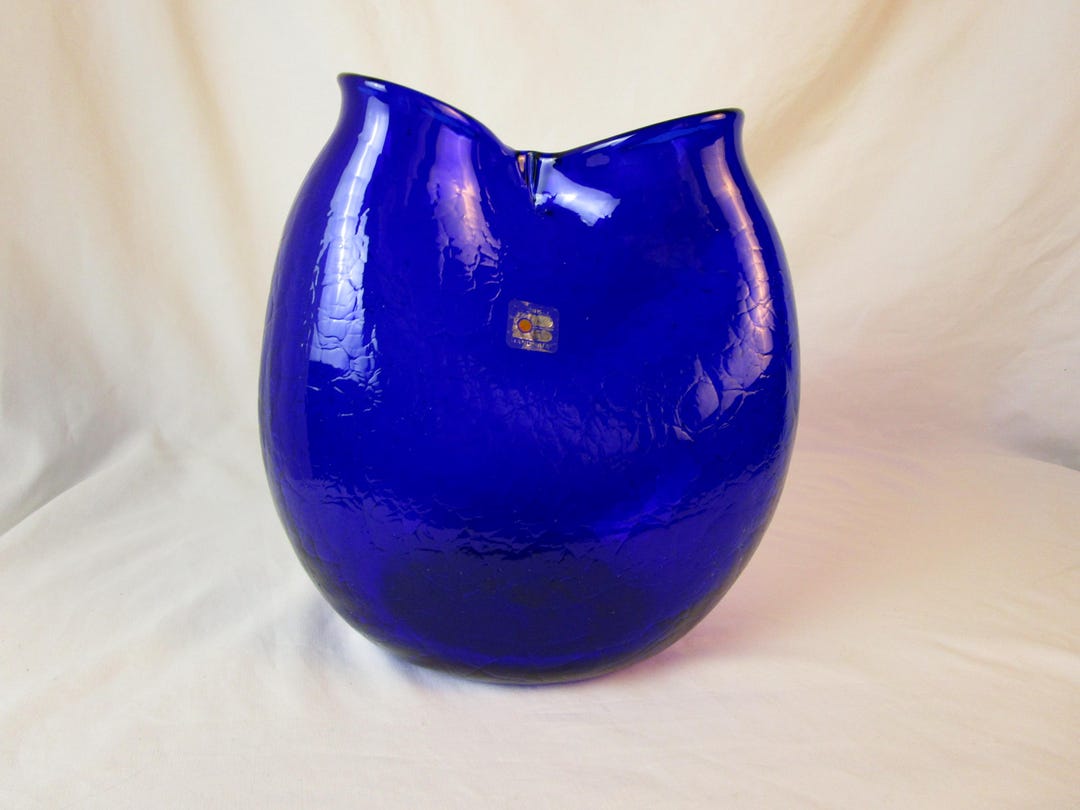 Blenko 9 Pinch Vase Sapphire Crackle With Original Blenko Sticker 1988 ...