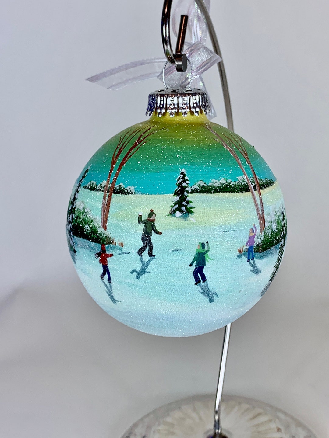 SNOWBALL FIGHT ORNAMENT, Hand Painted Glass Christmas Ornament of ...
