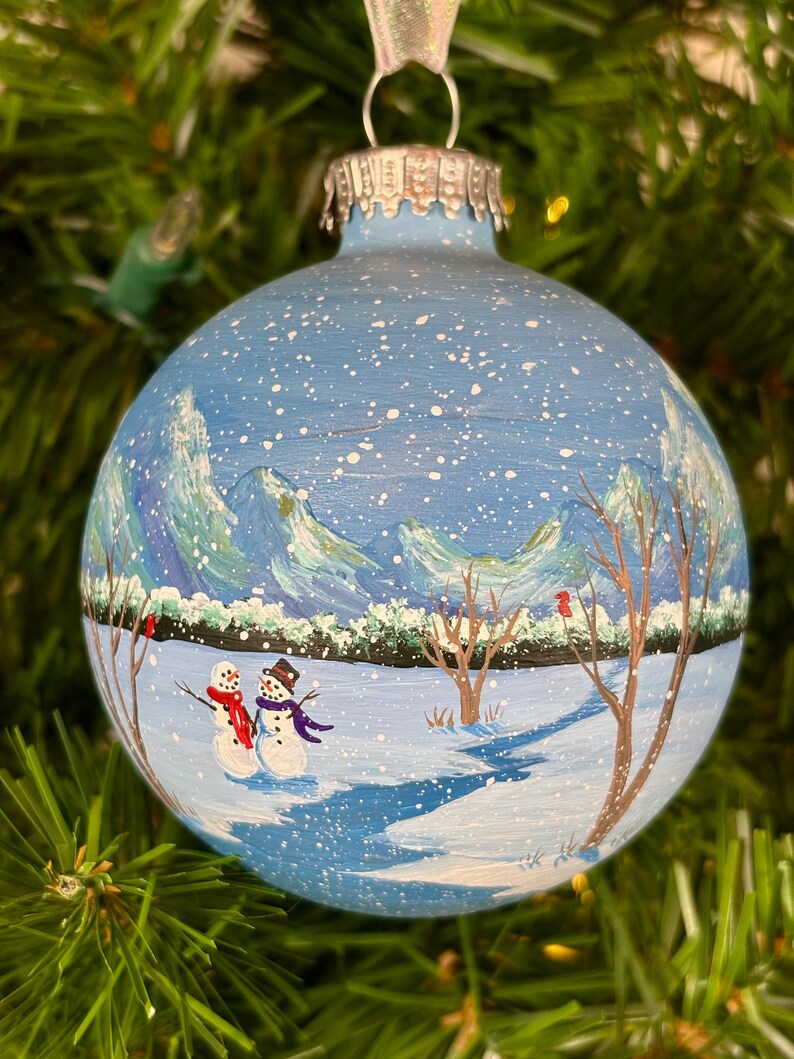 Hand Painted Mountain Winter Scene Glass Ornament - Etsy