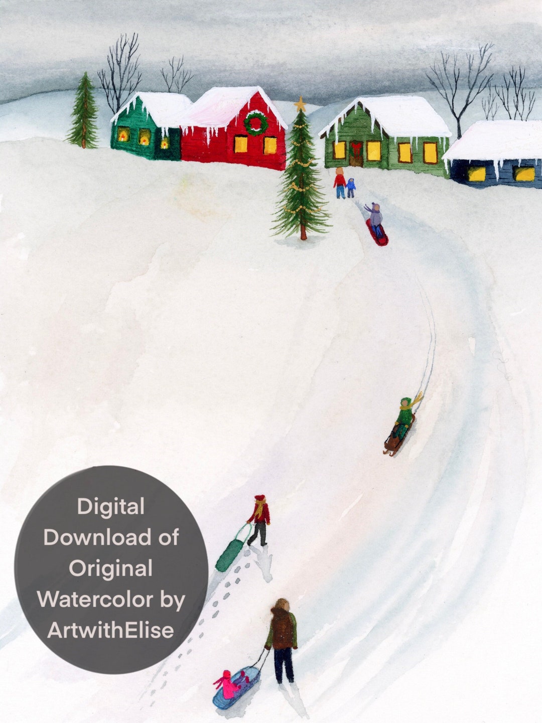 Sledding Watercolor Painting Digital Download, Instant Printable ...