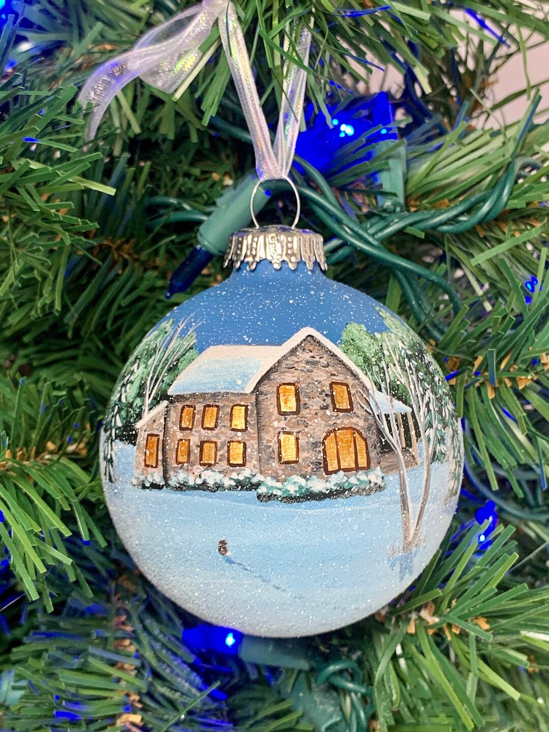 Hand Painted Stone House Christmas Ornament, Snowy Winter Scene - Etsy