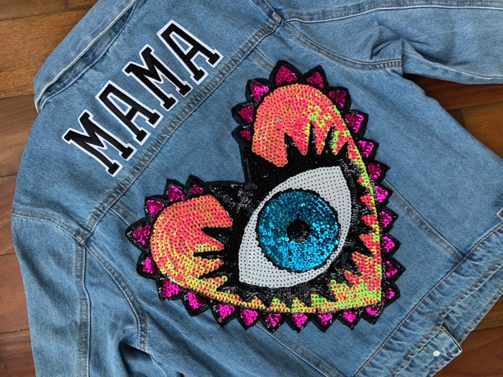 Denim "mama" Jean Jacket With Evil-eye Heart Patch - Etsy