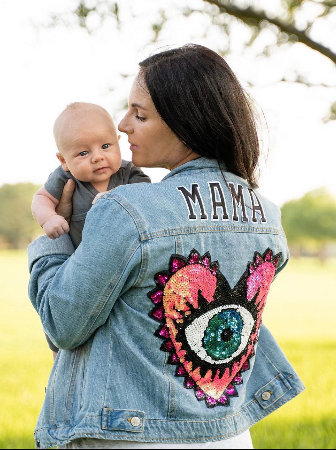 Denim "mama" Jean Jacket With Evil-eye Heart Patch - Etsy