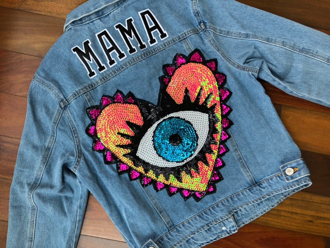 Denim "mama" Jean Jacket With Evil-eye Heart Patch - Etsy