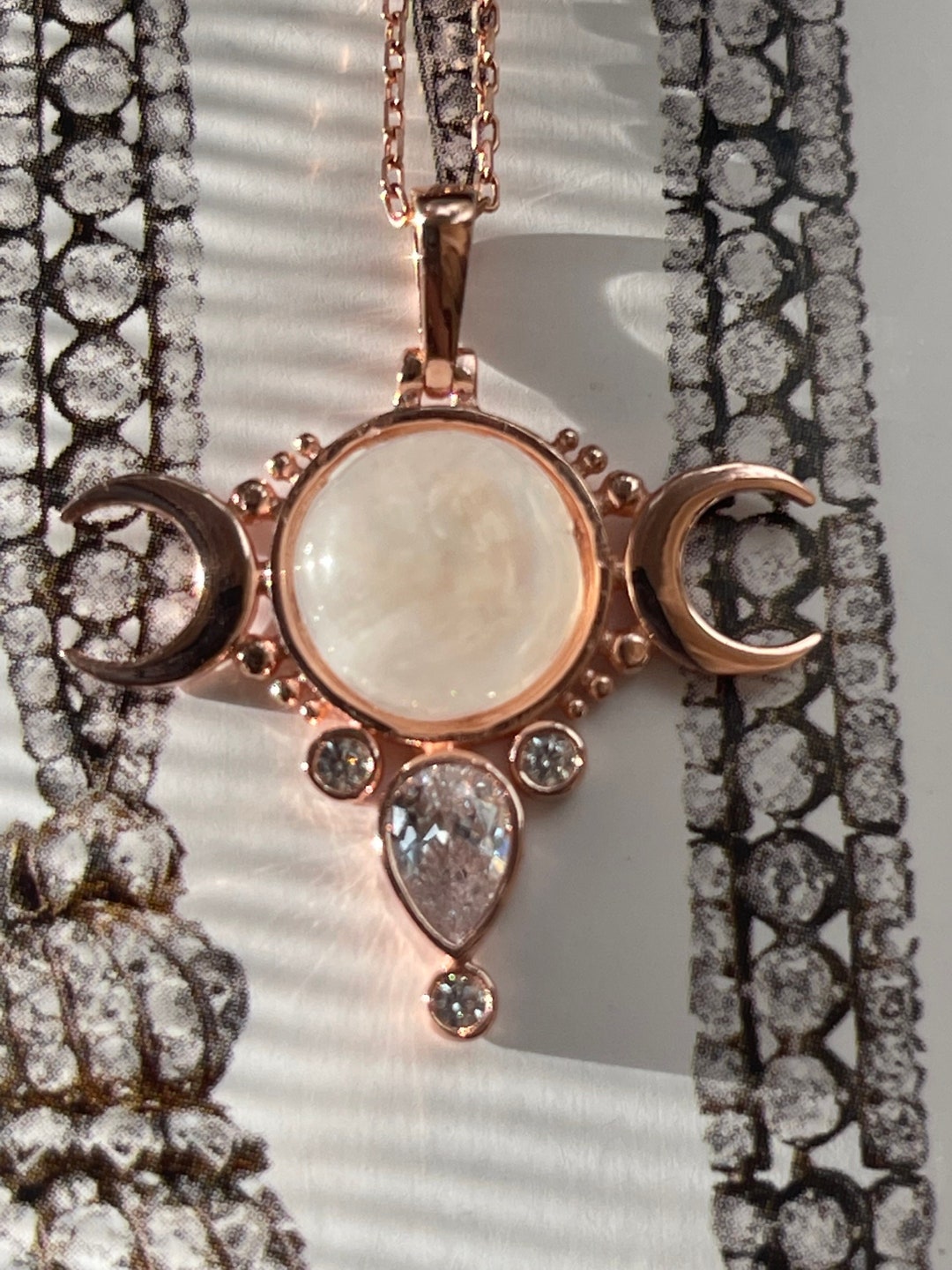 Rose Gold TRIPLE MOON, Moonstone, Hecate's Symbol Goddess Sterling ...