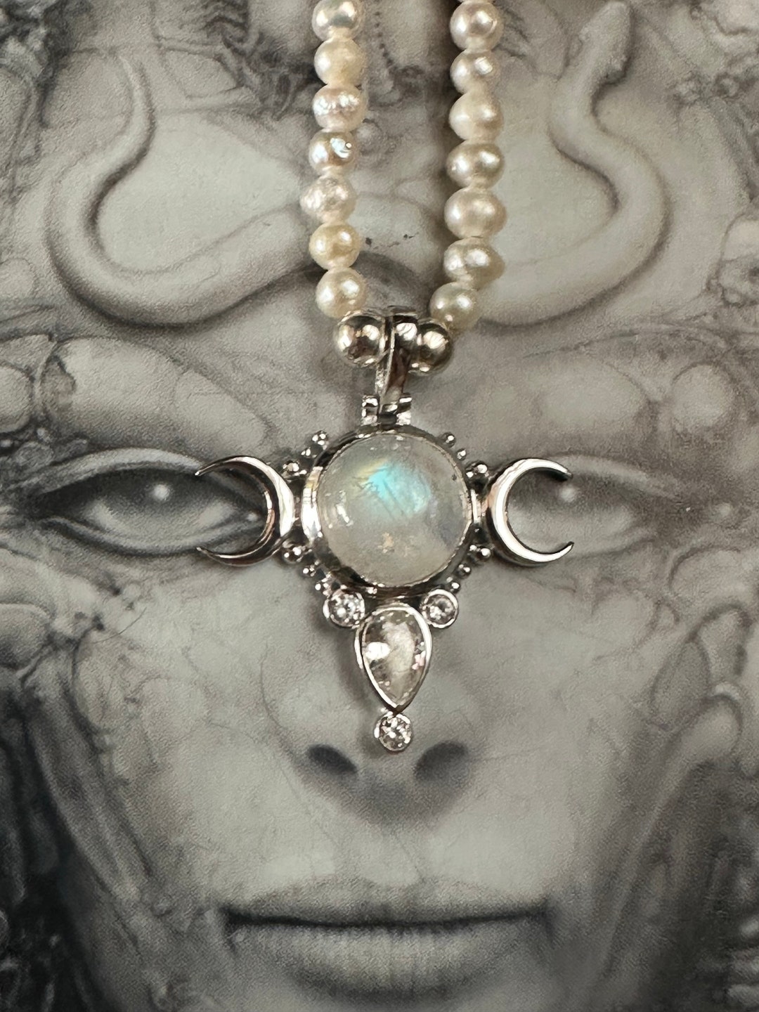 FIVE MOONS MOONSTONE Pearl Choker,hecate's Symbol Sterling Silver 925K ...