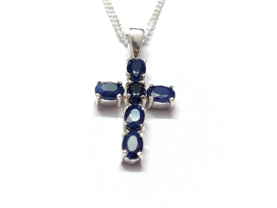 Natural Sapphire Cross Pendant Blue Sapphire Cross Necklace | Etsy