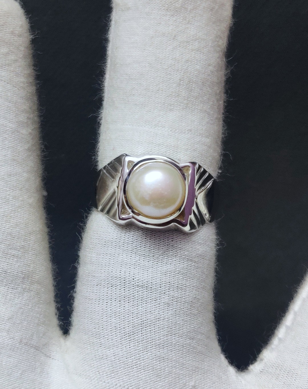 Silver Pearl Ring Men 9 Mm Round Pearl Band Mens Pearl Ring Synthetic ...