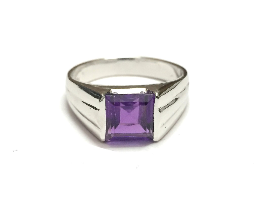 Silver 7 Mm Square Amethyst Ring Genuine Amethyst Ring Birthstone Ring Purple Amethyst Ring ...