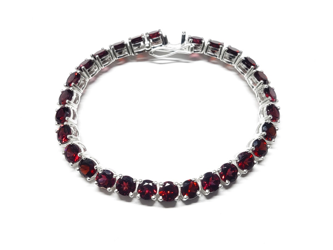 Round Tennis Bracelet Sterling Silver Garnet Bracelet Tennis Garnet ...