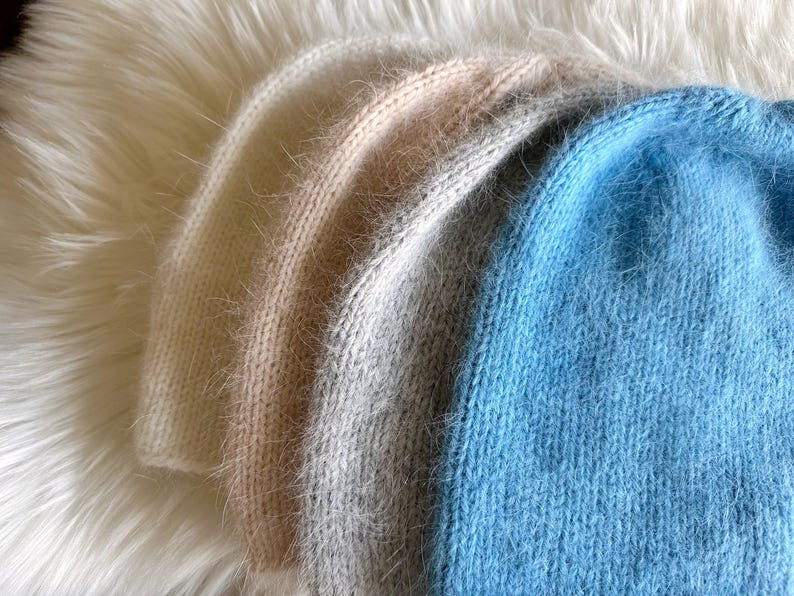 Natural Beige Angora Hand Knit Beanie, Neutral Gray Slouchy Knit Hat ...