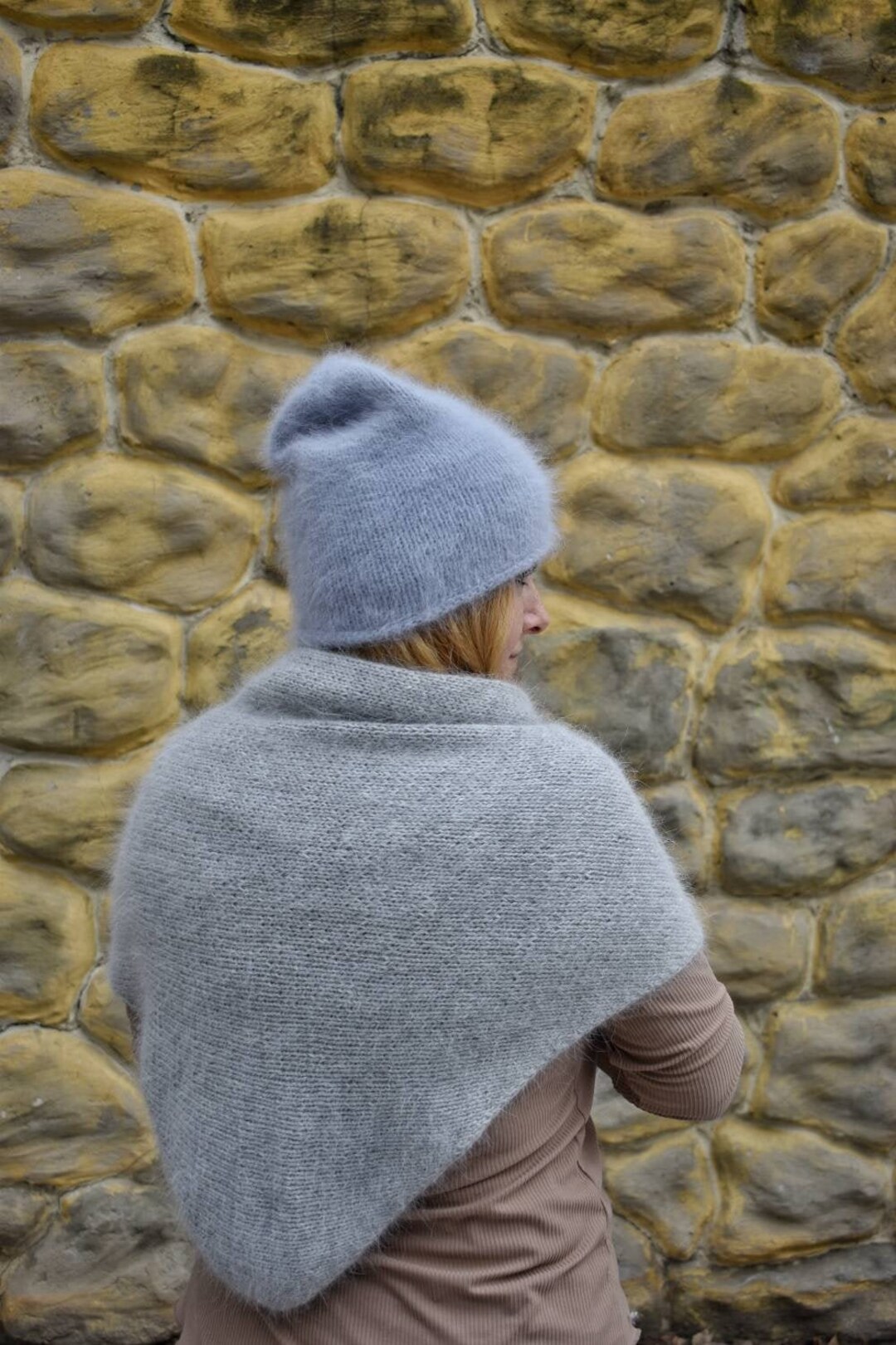Soft Drapy Shawl, Angora Accessories, Hand Knit Grey Angora Triangle ...