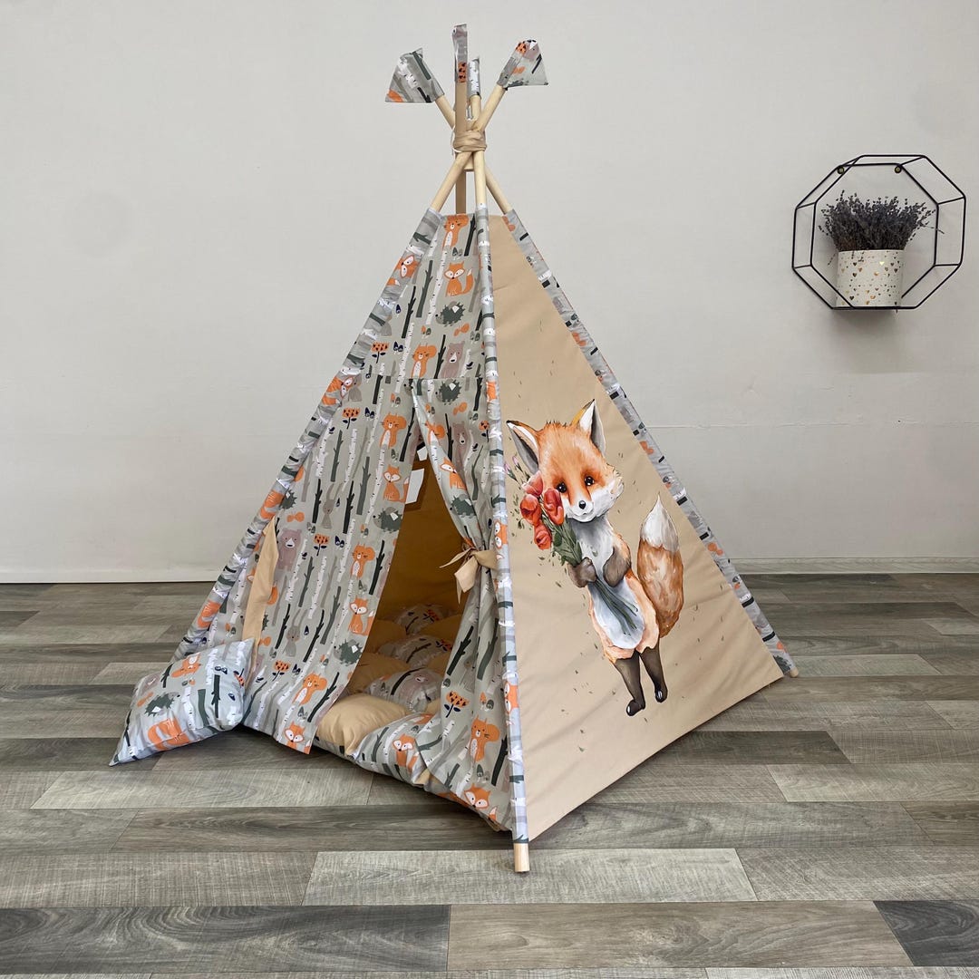 Handmade Teepee for Kids With Hand Drawing Fox, Cotton Indoor Playhouse ...