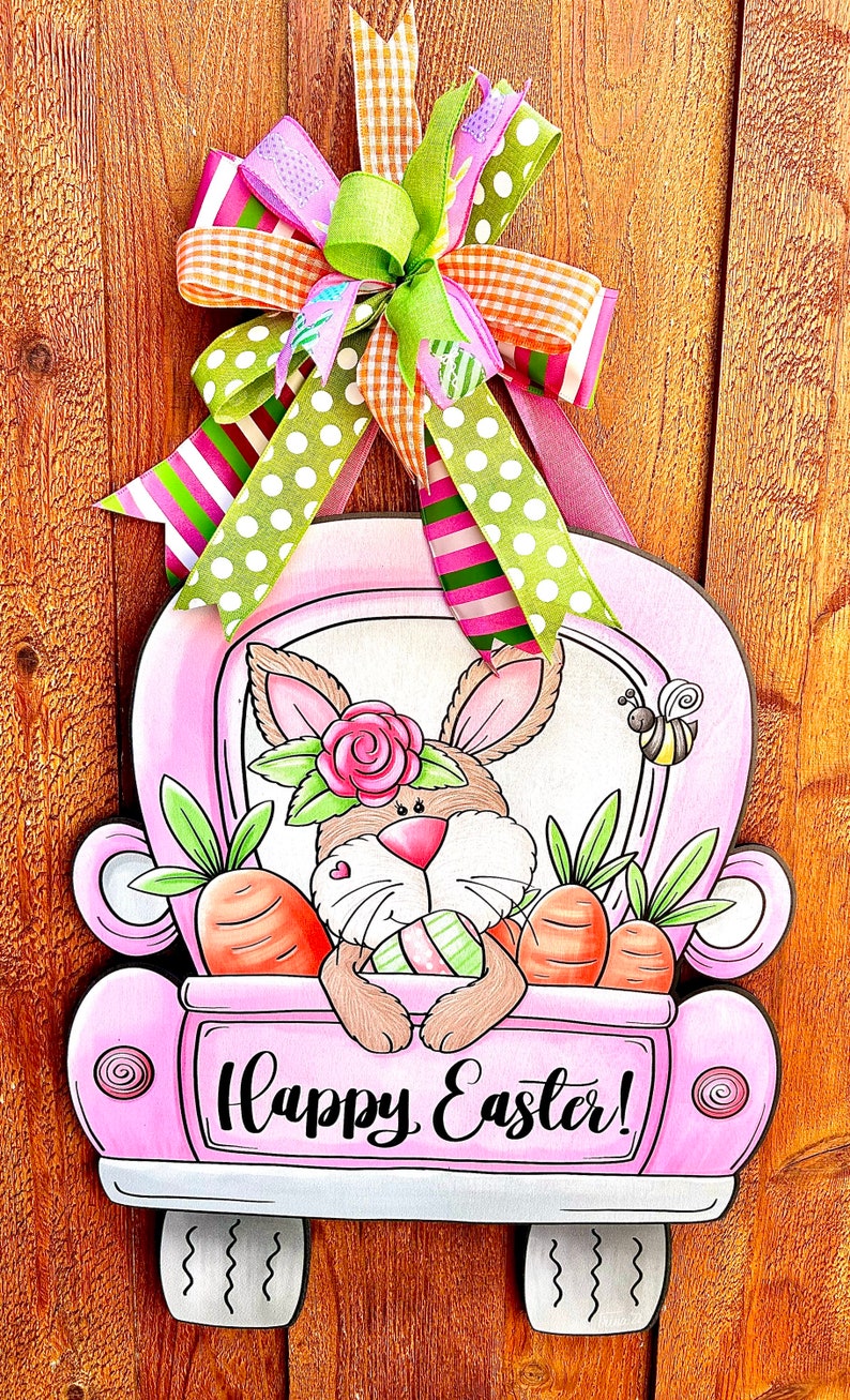 Easter Door Hanger, Bunny Truck Hanger, Pastel Easter Door Hanger ...