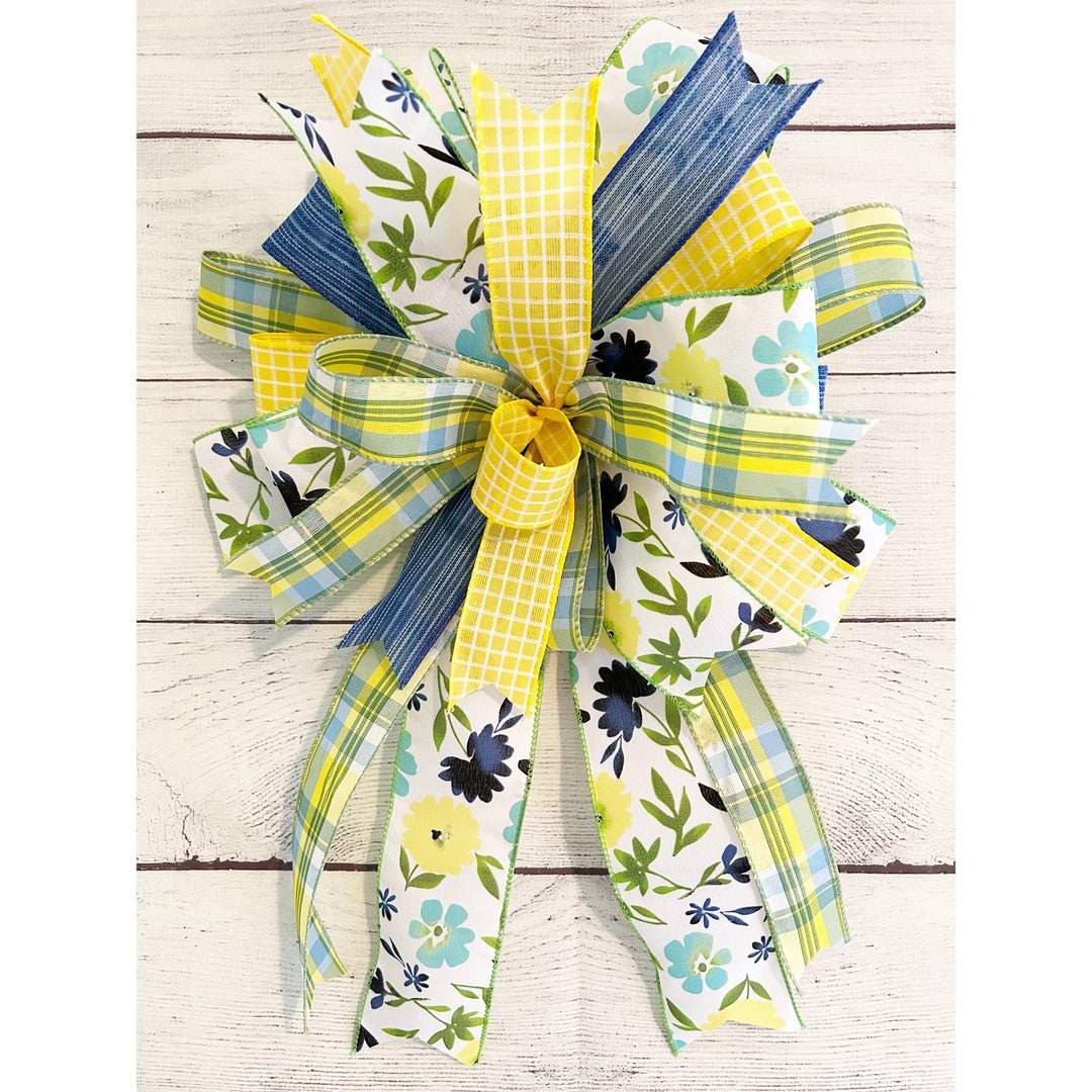Spring Floral Bow for Wreath, Yellow and Blue Floral Bow for Lantern ...