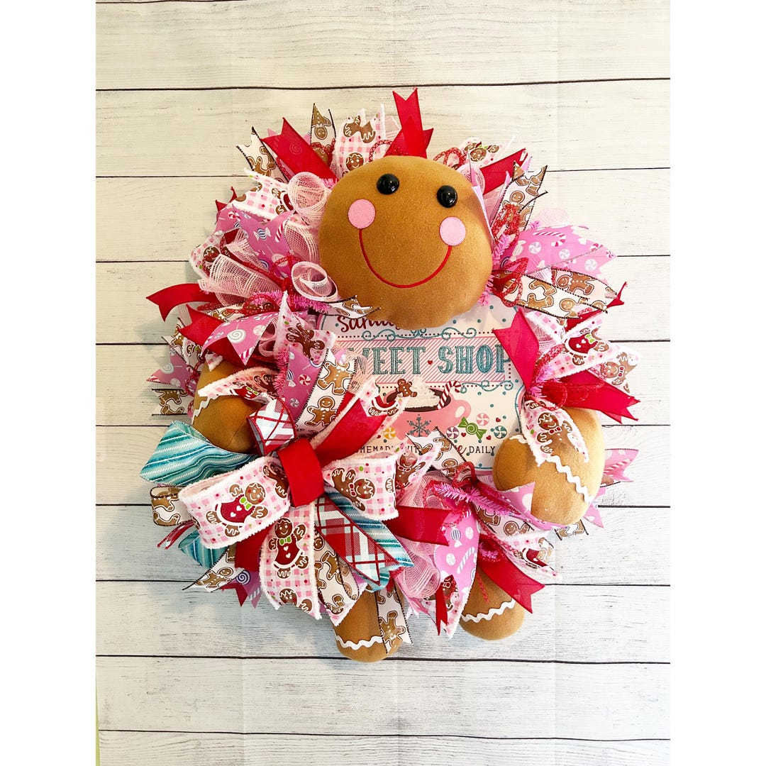 Gingerbread Christmas Wreath for Front Door, Gingerbread Kitchen Decoration, Candyland Pink Door ...