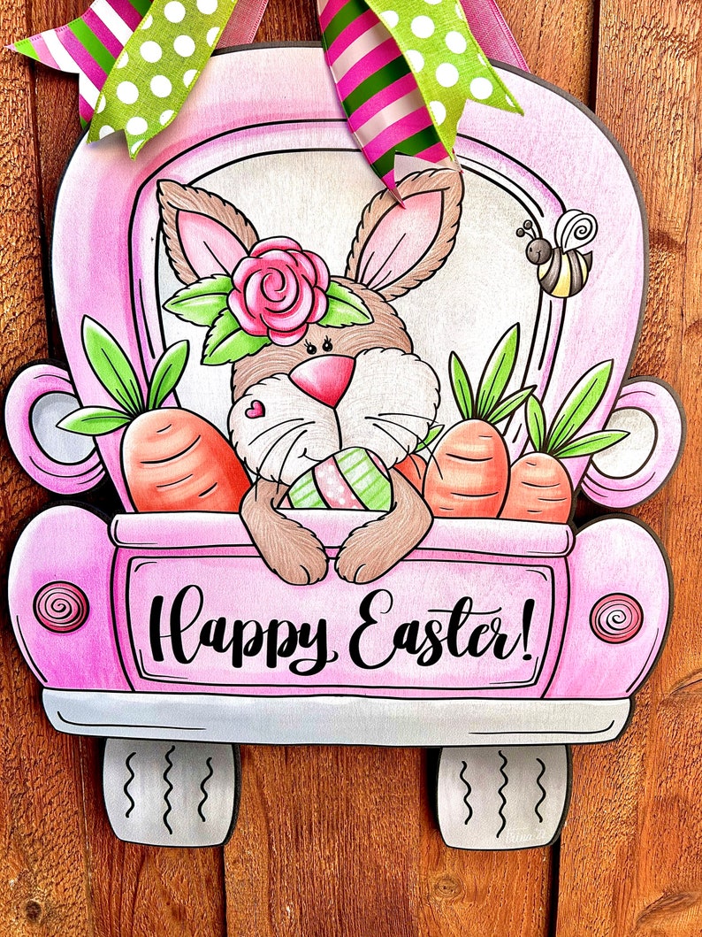 Easter Door Hanger, Bunny Truck Hanger, Pastel Easter Door Hanger ...
