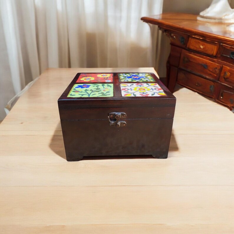 Handmade Wooden Jewelry Box: Multicolour Oriental Floral Ceramic Tile ...