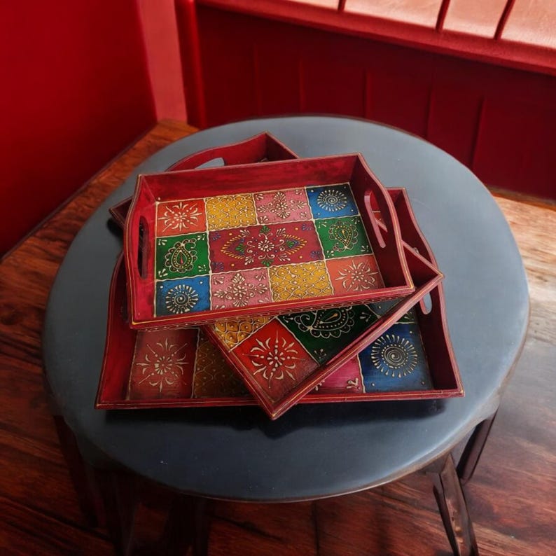 Painted Wooden Serving Tray Set: Table Decor, Party Trays (set of 3) - Etsy