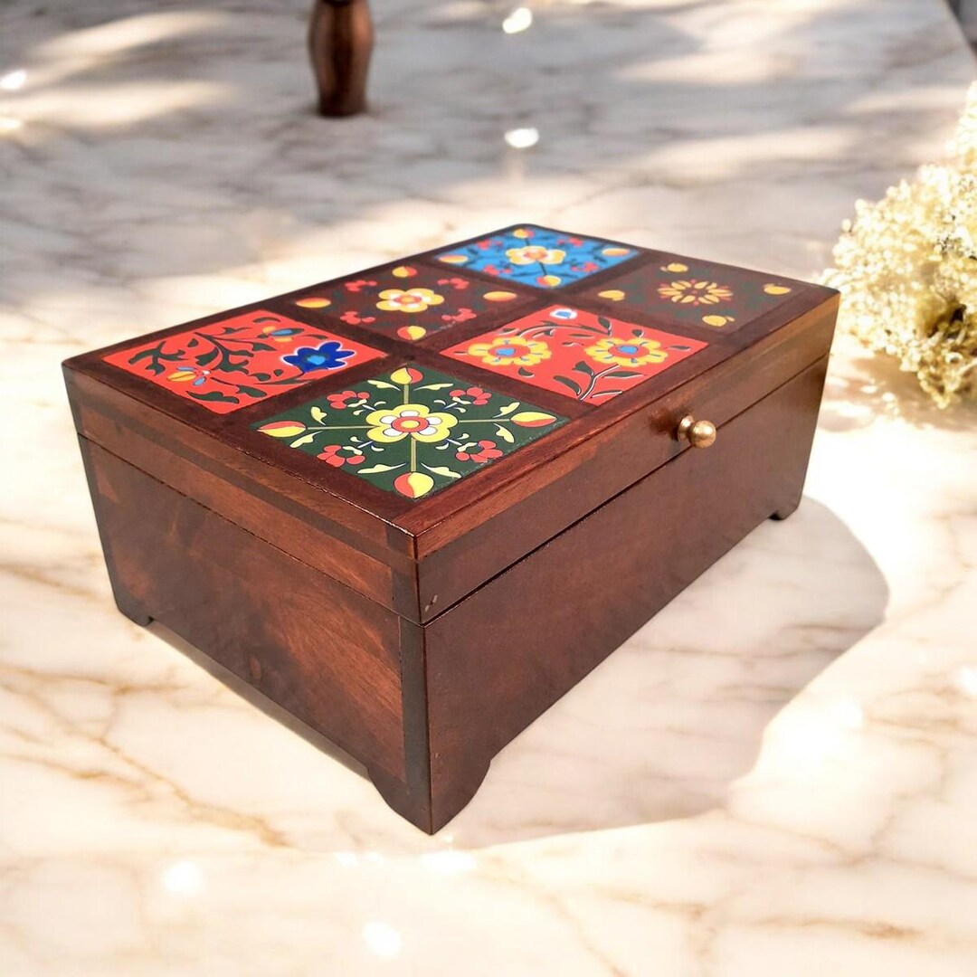 Handmade Wooden Jewelry Box: Vintage Ceramic Tile Lid, Oriental Floral ...