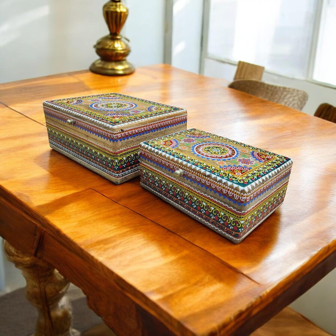 Hand Painted Wooden Boxes Set of 2- Stackable Mango Wood Boxes, Indian ...
