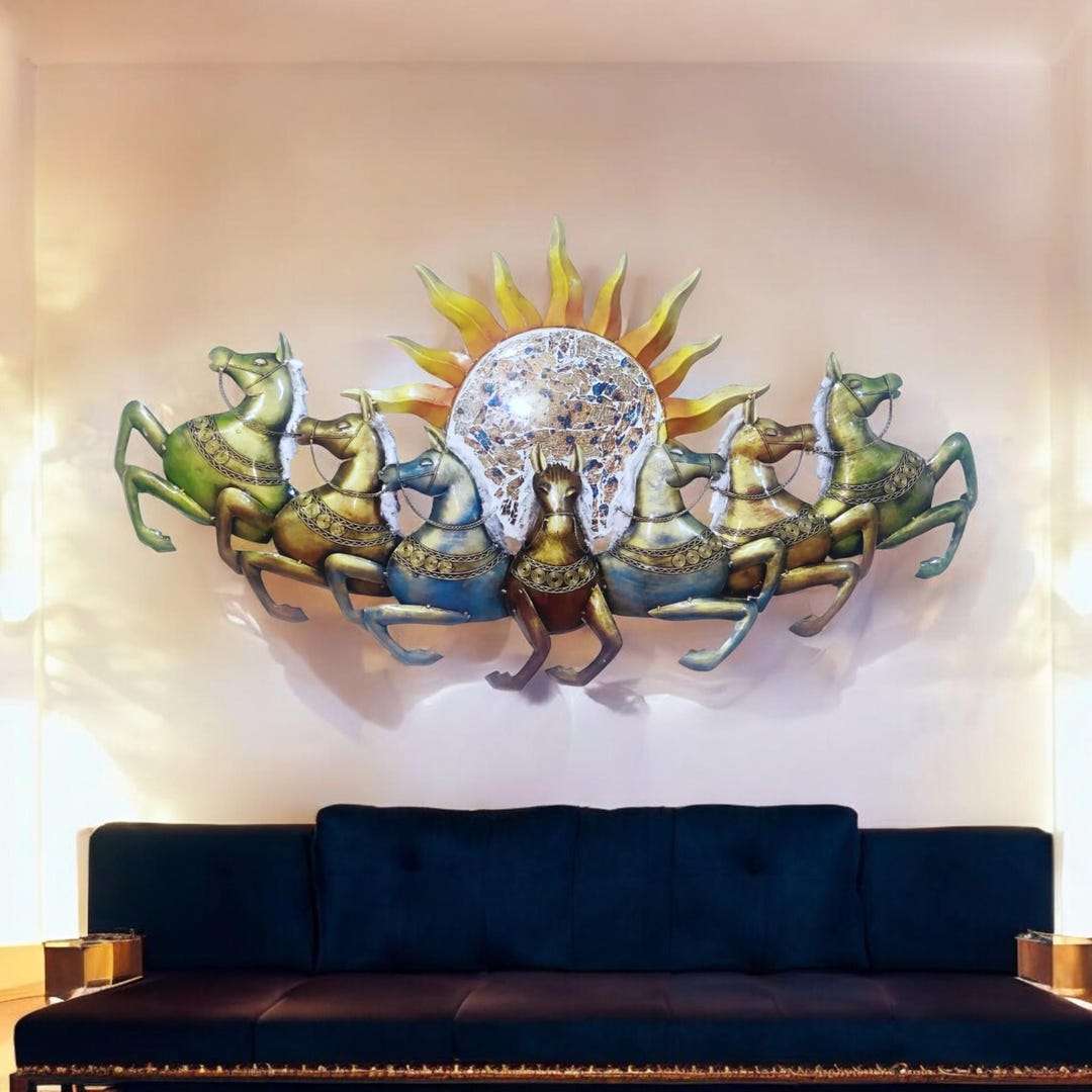 Wrought Iron Seven Horses and Rising Sun Wall Decor With LED Lights ...
