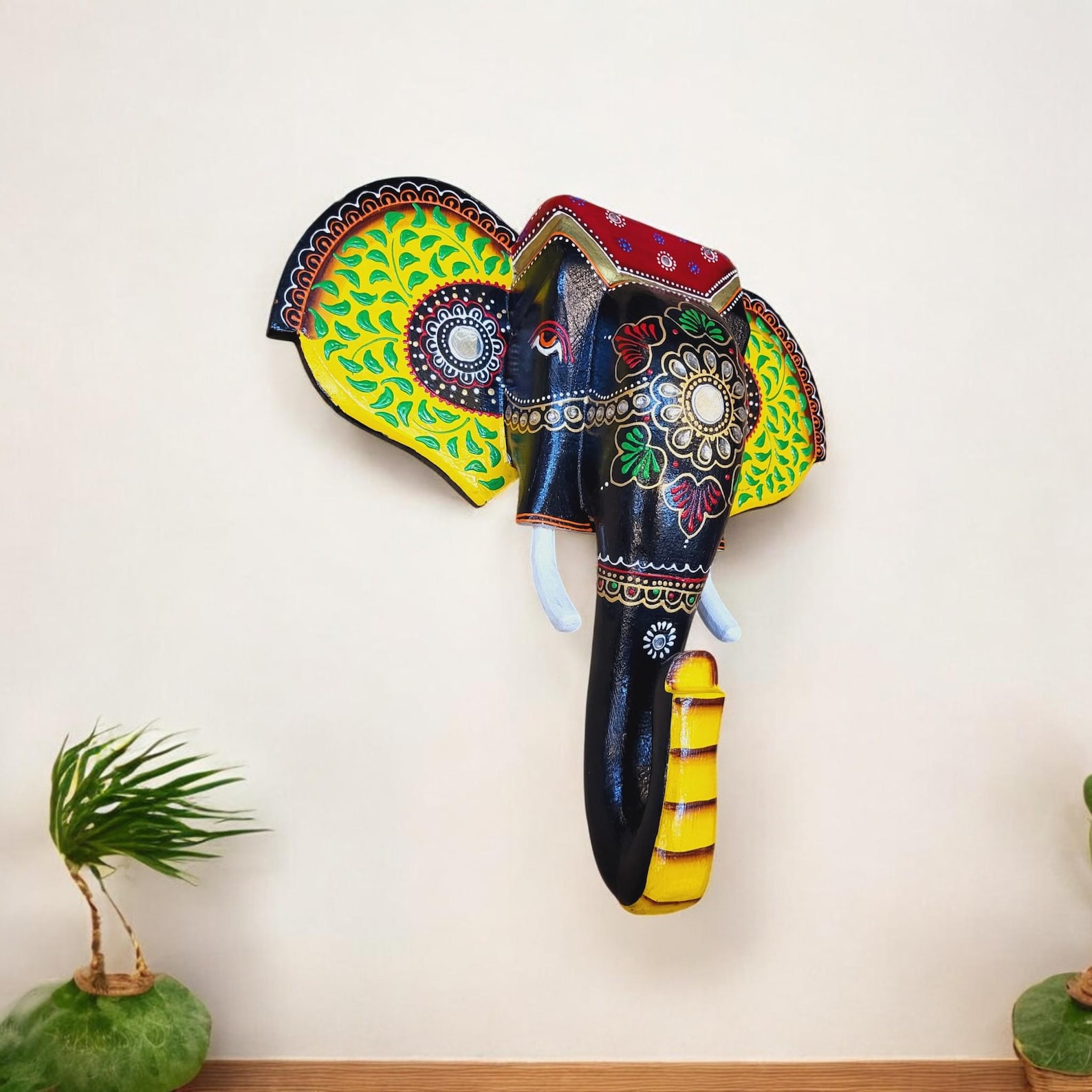 Hand-painted Wooden Elephant Mask: Indian Wall Decor ,ethnic ...