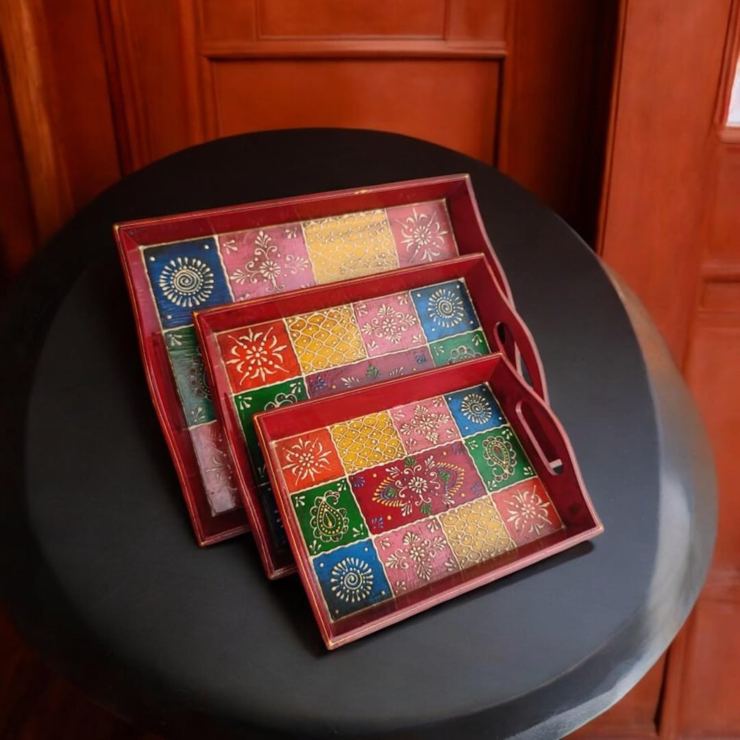 Painted Wooden Serving Tray Set: Table Decor, Party Trays (set of 3) - Etsy
