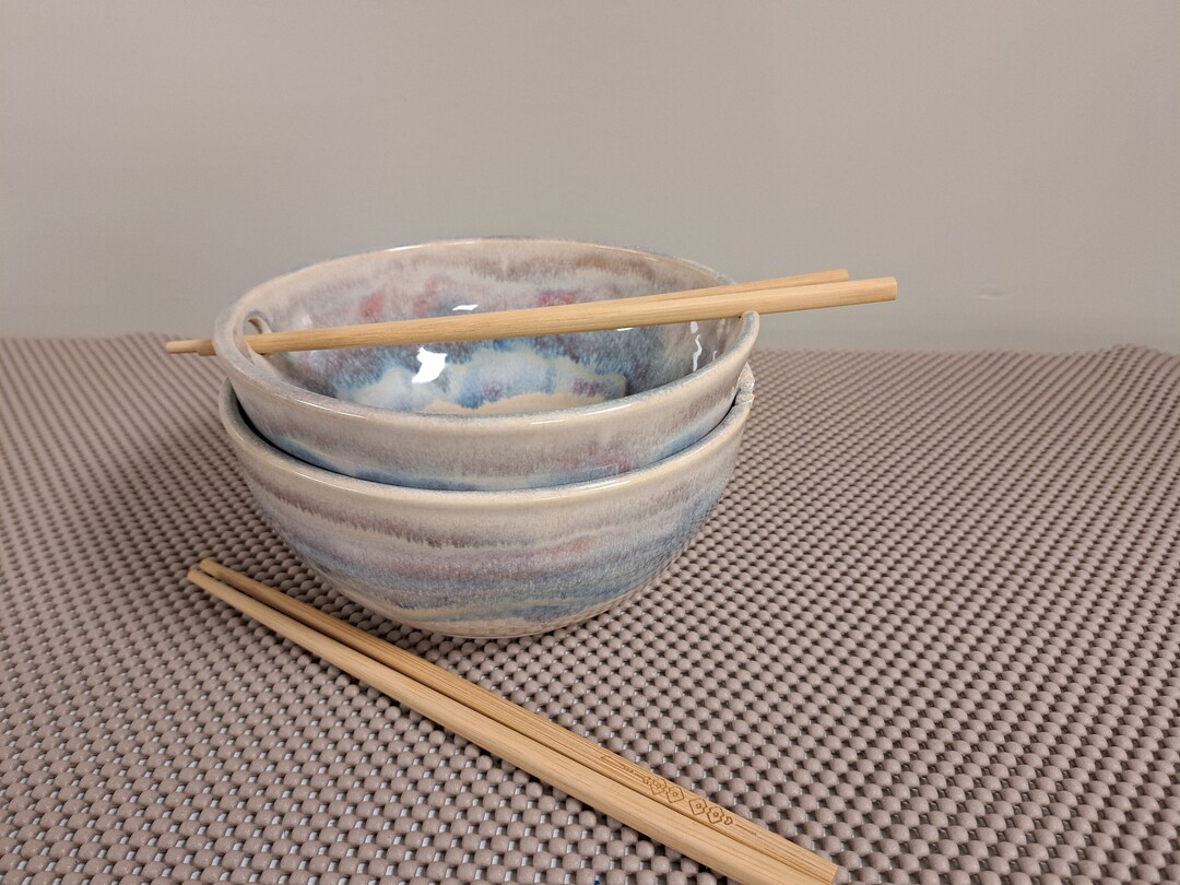 Pottery Noodle or Rice Bowl in Cream, Blue, and Purple - Etsy