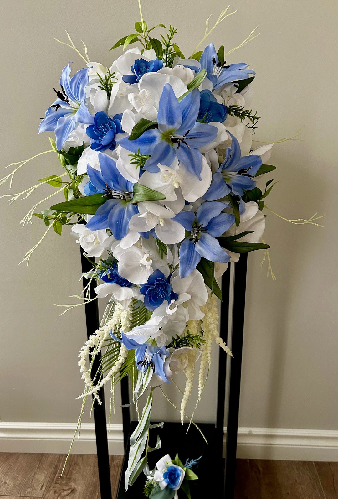 Blue & White Silk Flower Cascade Bouquet With Boutonniere - Etsy